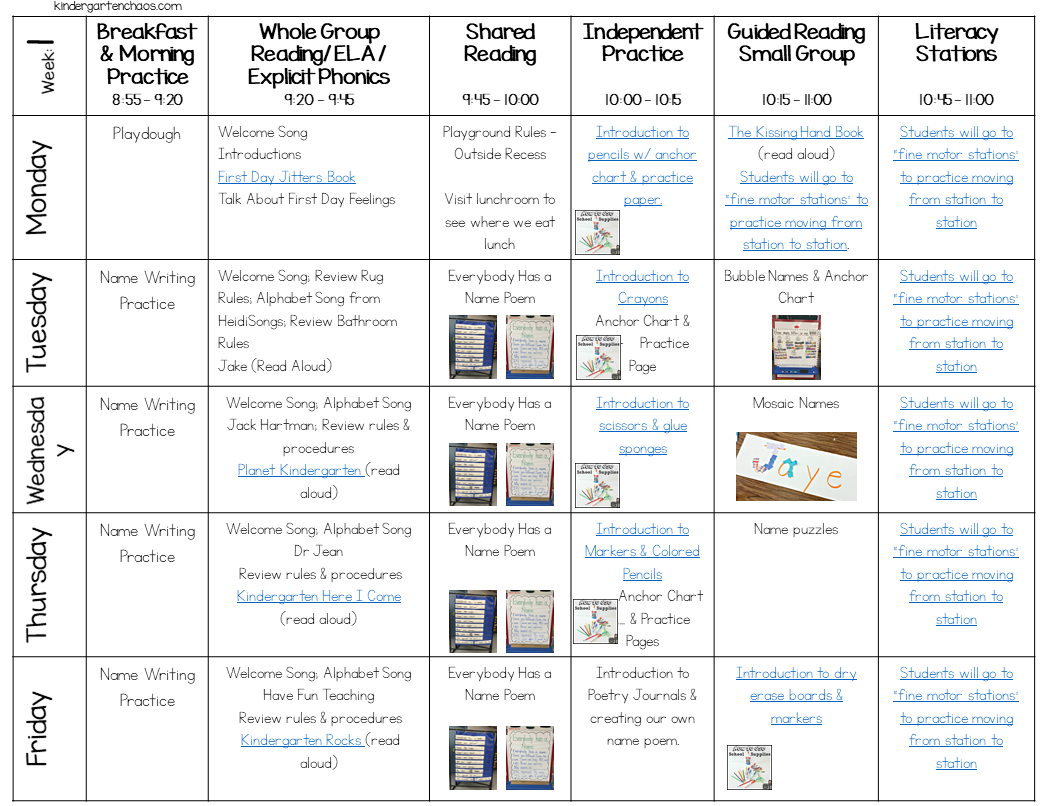 First Week Of School Lesson Plans For Kindergarten